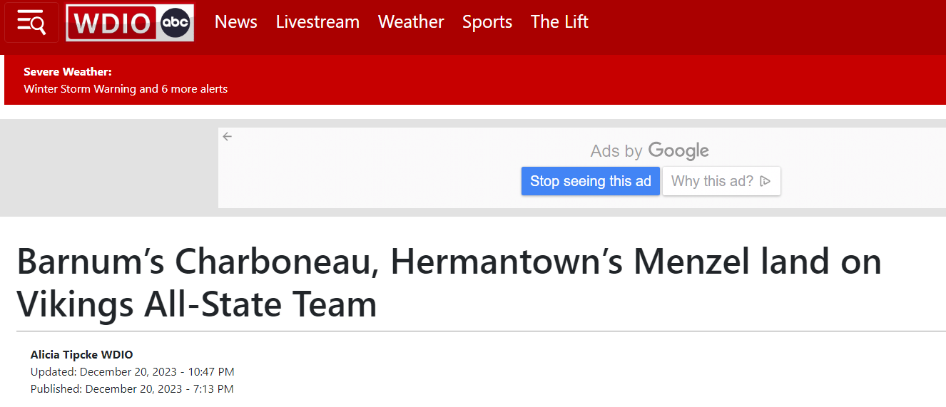 Barnum’s Charboneau, Hermantown’s Menzel land on Vikings All-State Team ...